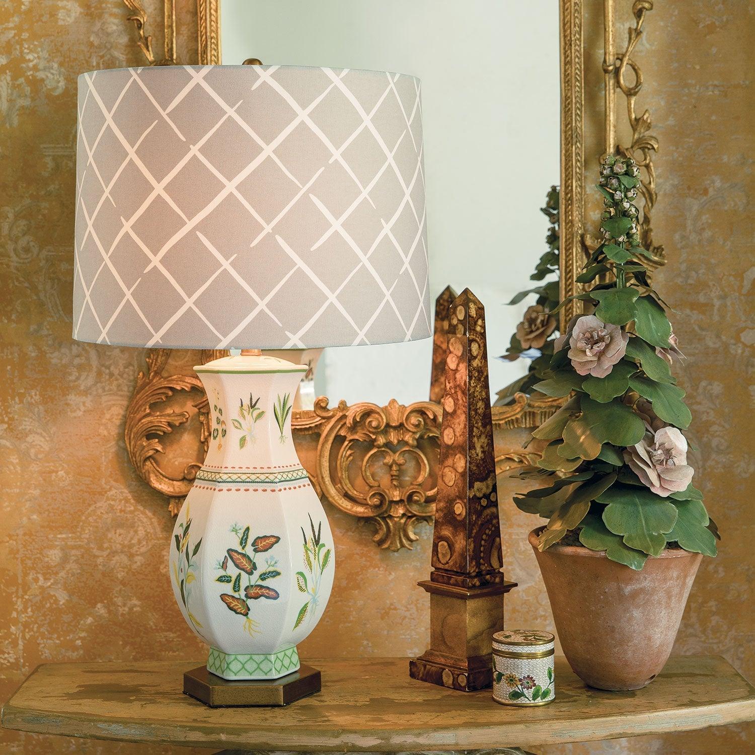 Port 68 Botanical Palm Hexagon Table Lamp with White Round Hardback Sh ...